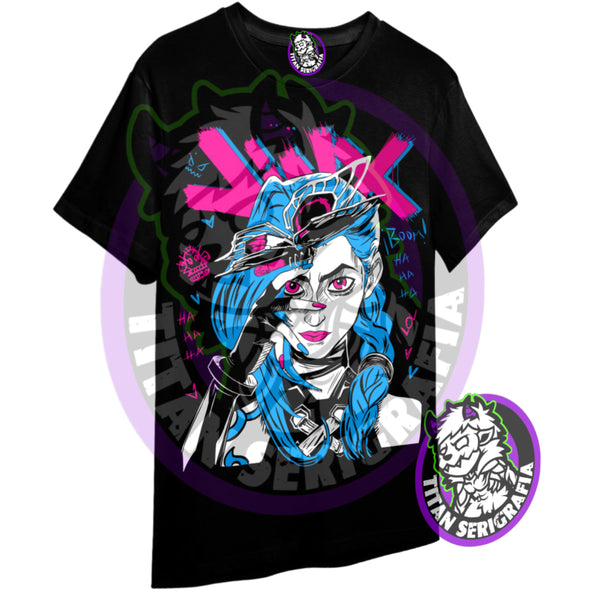 Polera negra Jinx cara-Arcane/League of legends – titanserigrafia